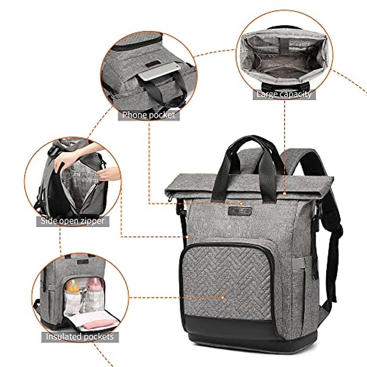 Diaper Bag Backpack, FHELDA Bag Backpack Large Capacity Maternity Travel Back Pack with Diaper Changing Pad (Gray)