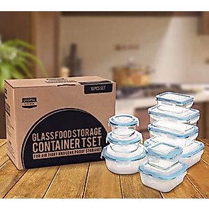 Utopia Kitchen Glass Food Storage Container Set - 18 Pieces (9 Containers and 9 Lids) - Transparent Lids - BPA Free (Blue, 18 Piece Set)