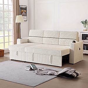CAPCAEK 85" Corduroy Sofa Bed with Storage Chaise, L Shaped 3 Seat Sectional Couch, Pull Out Sleeper Sofabed with Cup Holders & USB Charge Port for Living Room, Office, Apartment (Beige)