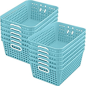 Really Good Stuff 160016WA Multi-Purpose Plastic Storage Baskets for Classroom or Home Use - Stackable Mesh Plastic Baskets with Grip Handles 13" x 10" (Water - Set of 12)