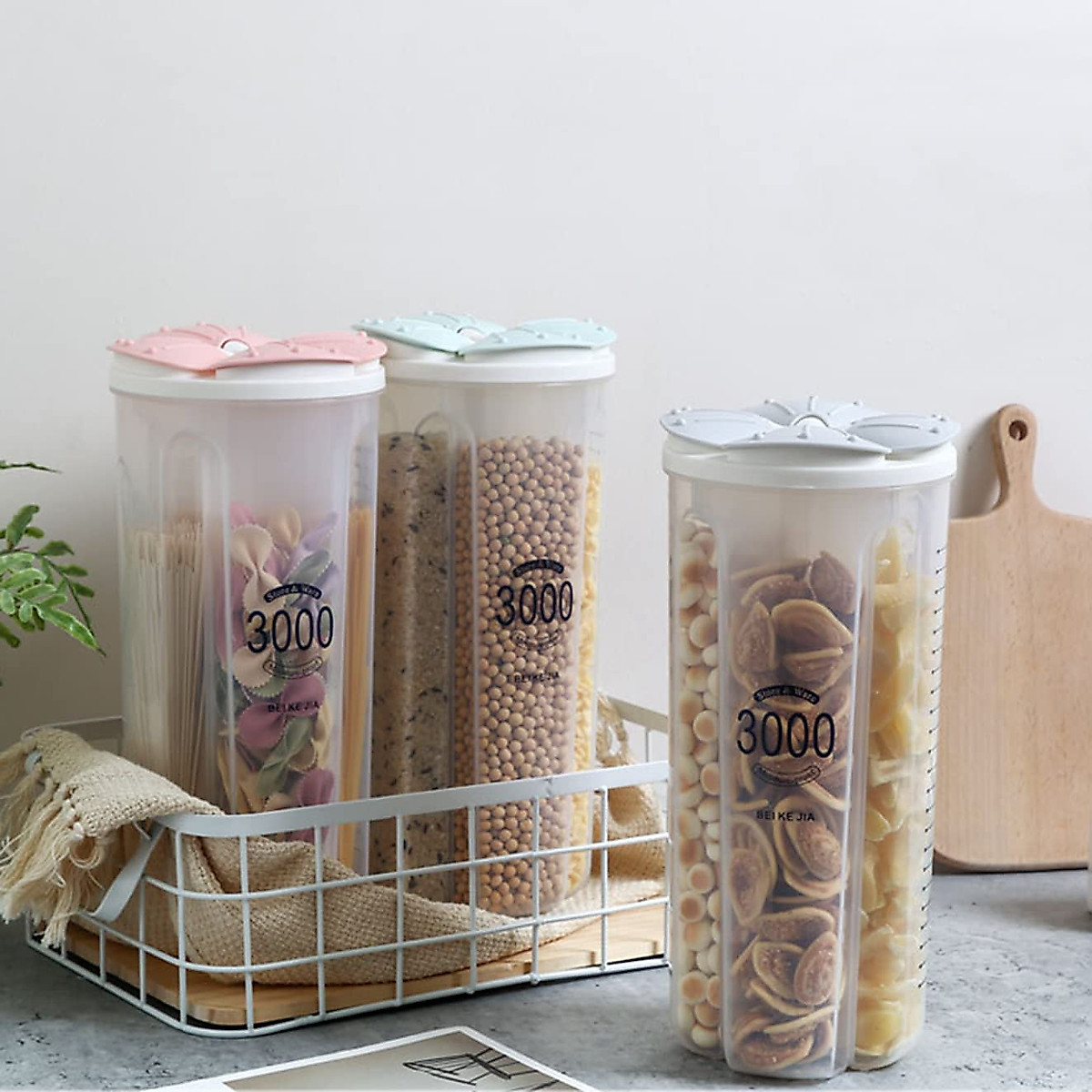 auons Airtight Kitchen Food Storage Container, Leak-Proof BPA Free Plastic Plastic Dry Cereal Dispensers Containers with Durable Lids for Flour, Sugar, Rice (3000ml 4 Color-4 Grid)