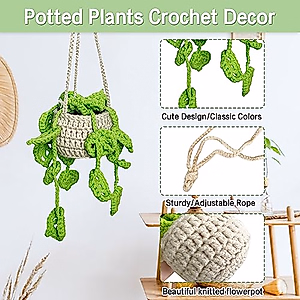 Crochet Hanging Plant for Car Cute Potted Plants Crochet Decor Car Mirror Hanging Accessories Rear View Ornament Hanging Boho Handmade Knitted Pendant (Light Green)