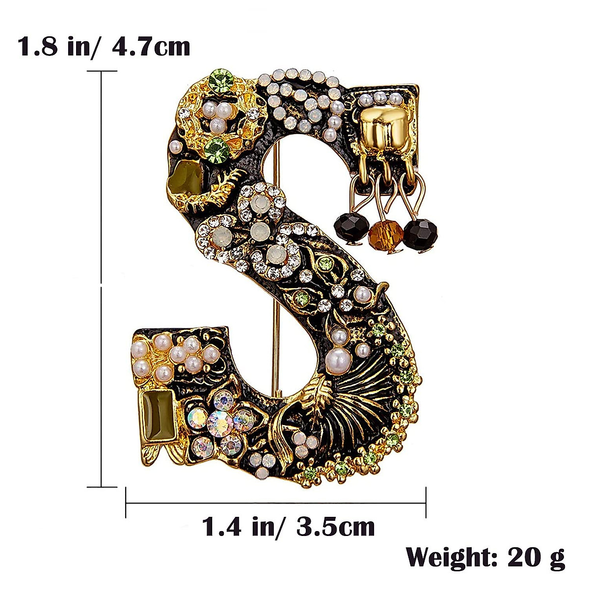 Pearl Initial Letter Brooch Pin, Crystal Rhinestone Gold Plated Alphabet Brooches for Women Girls, Pearl Lapel Pin for Bag Clothes Costume Jewelry - S