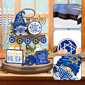 10 Pieces Happy Hanukkah Tiered Tray Decor-Hanukkah Wood Signs Decor with Star of David, Hanukkah Gnome, Mini Menorah, Hanukkah Party Wooden Decor for Hanukkah Farmhouse Home Table Decor