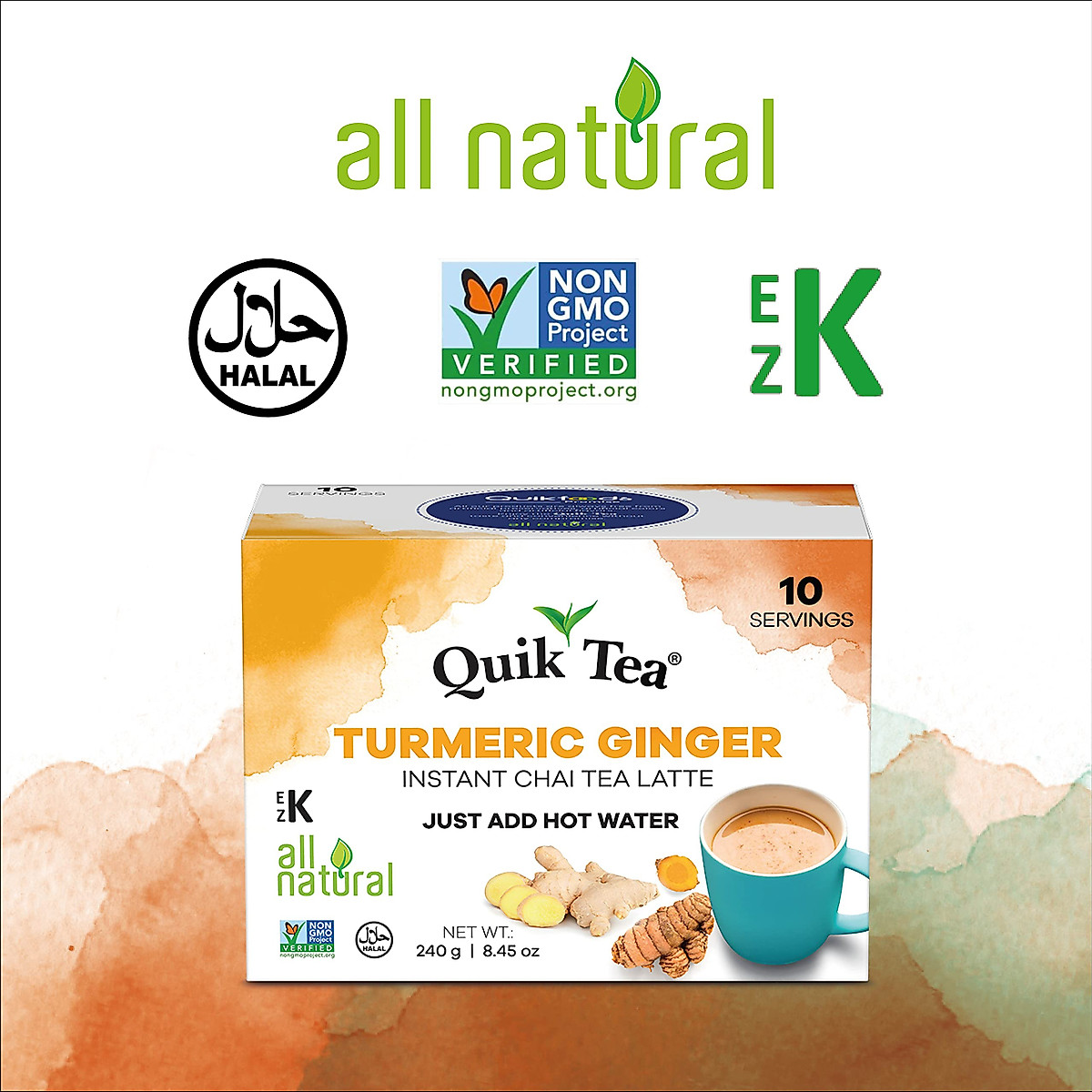 QuikTea Turmeric Ginger Chai Tea Latte - 10 Count Single Box - All Natural Preservative Free Authentic Instant Chai from Assam