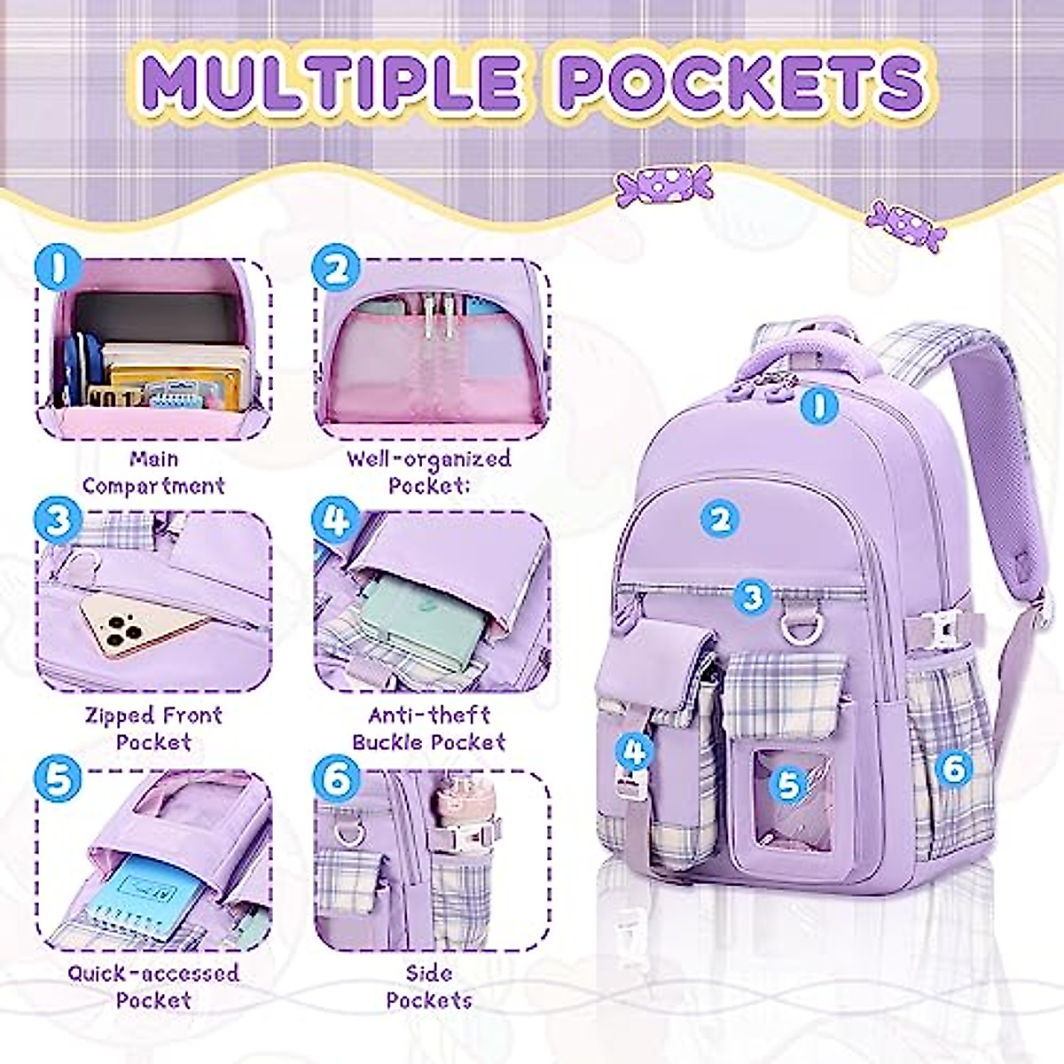 PIG PIG GIRL Girls Backpack, Lightweight Kids Backpack Functional Pockets Kawaii School Backpack Watrer Resistant Boogbag for Primary Elementary School,Purple
