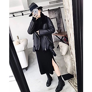 LY VAREY LIN Women's Faux Shearing Leather Jacket Warm Thickness Moto Coat Winter Shearling Coat Lined Parka (XL Black)