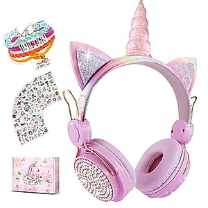Unicorn Wireless Headphones for Kids,Cat Ear Bluetooth 5.0 Over Ear headphones with Microphone for Cellphone/iPad/Laptop/PC/TV/PS4/Xbox One, Foldable Stereo Gaming Headset for Girls Teens Gift