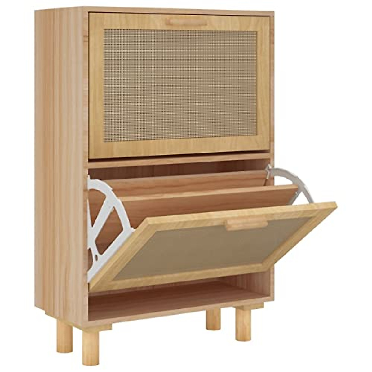 Tidyard Shoe Rack with Pull-Down Storage Drawers, Engineered Wood and Natural Rattan Shoe Cabinet for Bedroom Entryway Hallway Home Furniture