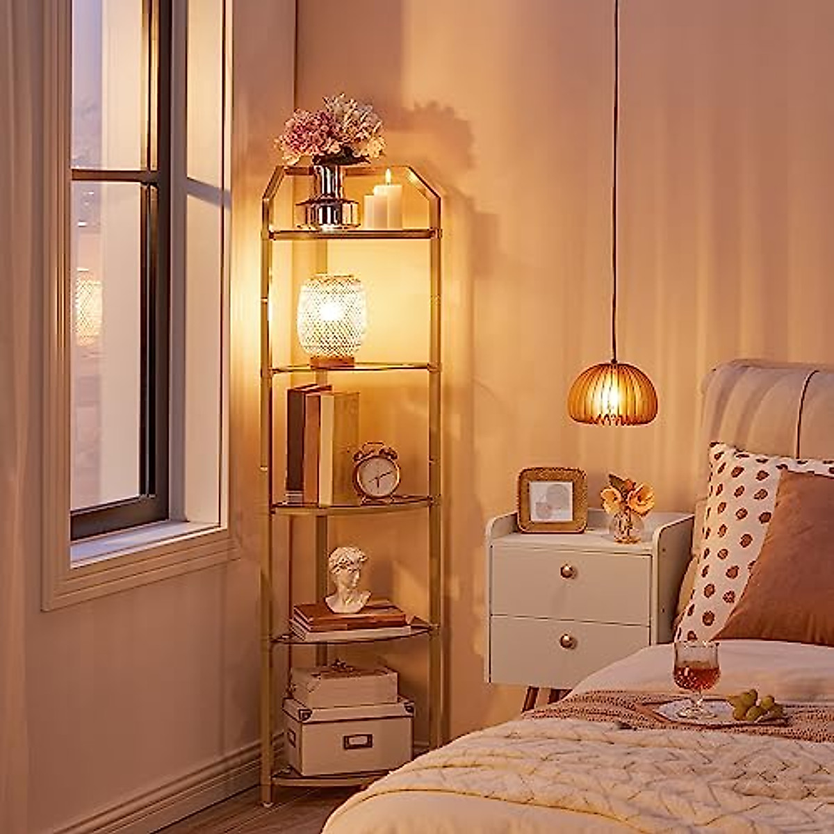 HOOBRO 5-Tier Corner Shelf Stand, Gold Corner Bookshelf, Tempered Glass Shelves, Corner Plant Stand, for Living Room, Bedroom, Study, Bathroom, Balcony, Modern Style, Gold GD14CJ01