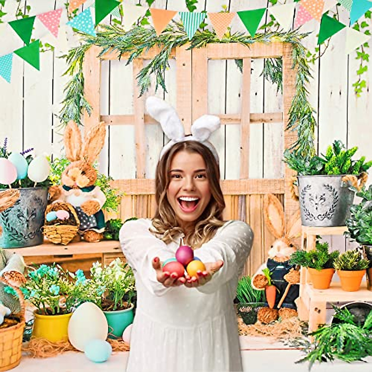 WENMER 5X7ft Spring Easter Backdrop, Garden Easter Egg Rabbit Photography Background Rustic Wooden Door Easter Bunny Flower Photo Backdrop for Easter Kids Children Newborn Baby Pet Portrait Photo