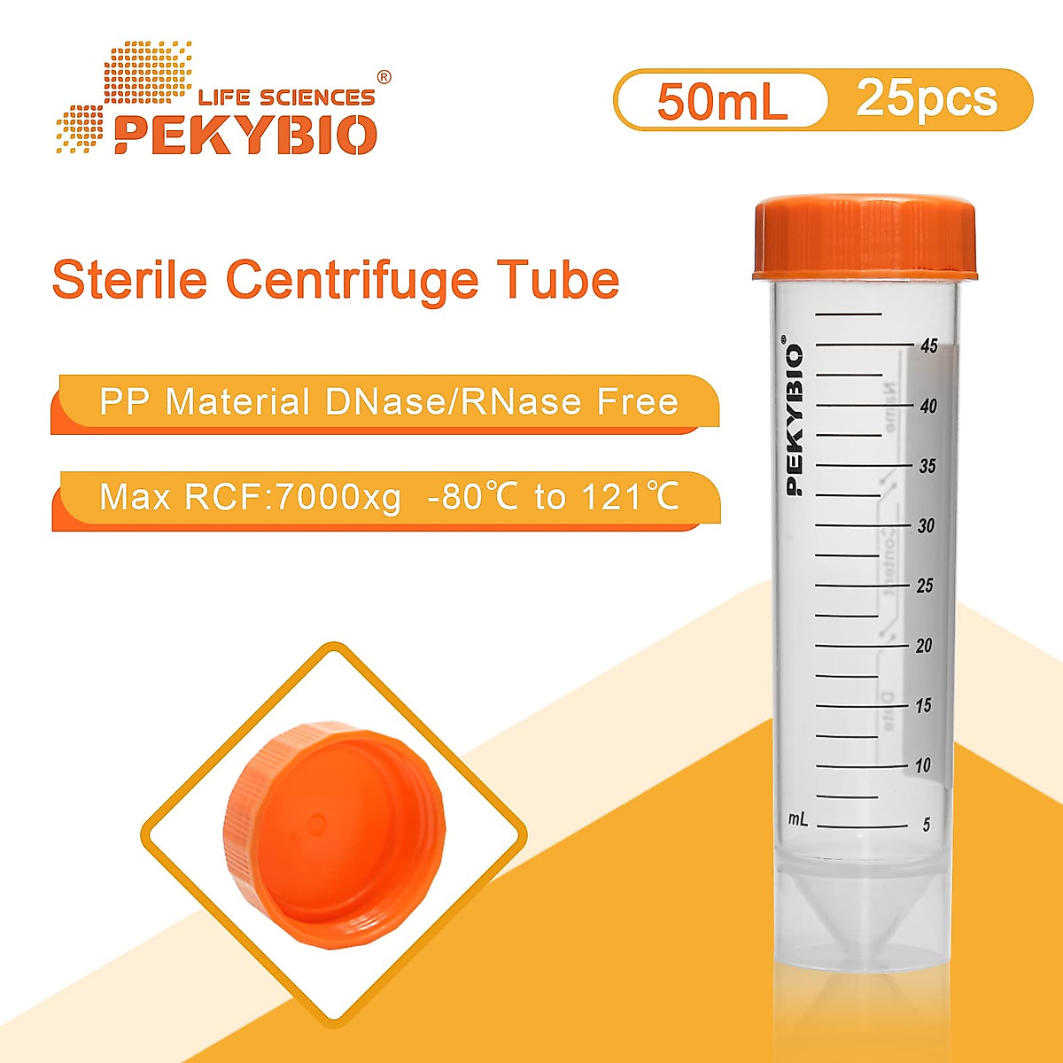 PEKYBIO 50ml Centrifuge Tubes Self-Standing Sterile Plastic Graduated Test Tube with Screw Cap, Pack of 25