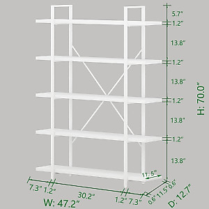 HSH 5 Tier Tall White Bookshelf, Metal and Wood Storage Book Shelves for Bedroom Living Room Office, Modern Large White Bookcases and Bookshelves 5 Shelf, Farmhouse Open Vertical Display Book Shelf