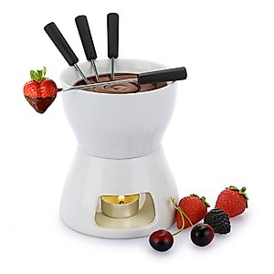 BSTKEY 400ML Ceramic Butter Warmer Set with 4 Forks, Fondue Pot Melting Pot Set, Melt Hot Pot Bowl Set For Cheese Chocolate Butter Caramel
