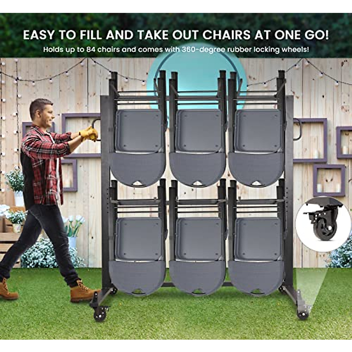 Folding Chair Rack Folding Chair Cart with Capacity 84 Folding Chair Storage Rack 360° Rubber Locking Wheels Weatherproof Cover Mobile Chair Dolly for Stackable Chairs Folding Tables and Chairs