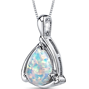 PEORA Created White Fire Opal Teardrop Solitaire Pendant Necklace for Women 925 Sterling Silver, 1.50 Carats Pear Shape 10x7mm with 18 inch Chain