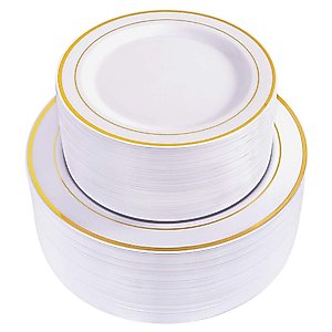 WDF 120 pieces Gold Disposable Plastic Plates - White and Gold Plates Include 10.25" Dinner Plates & 7.5" Salad Plates for Weddings and Party