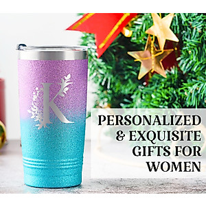 Personalized Tumblers with Lids and Straws for Women, Monogrammed Travel Mugs with Initials, Unique Gifts for Her on Birthdays Xmas, Purple, S