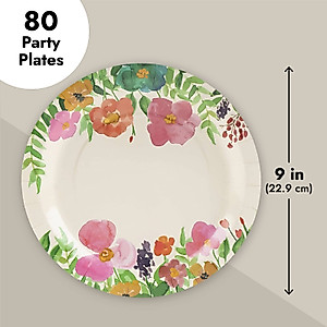 Juvale 80 Pack Disposable Watercolor Floral Party Plates, 9 Inches, Ideal for Tea Parties, Weddings, Bridals, Baby Showers, Outdoor Lunch