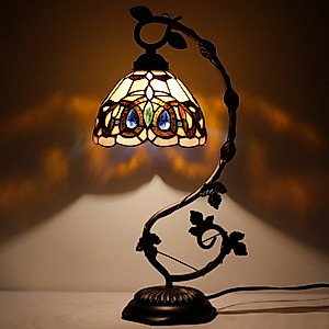 WERFACTORY Tiffany Table Lamp Stained Glass Victorian Table Lamp, Metal Leaf Base 8X10X21 Inches Desk Reading Light Decor Small Space Bedroom Home Office S021 Series