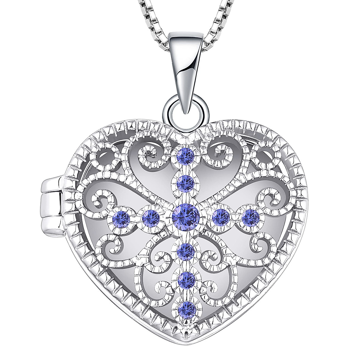 YL Cross Locket Necklace Sterling Silver Heart Pendant Created Tanzanite Filigree Jewelry for Women