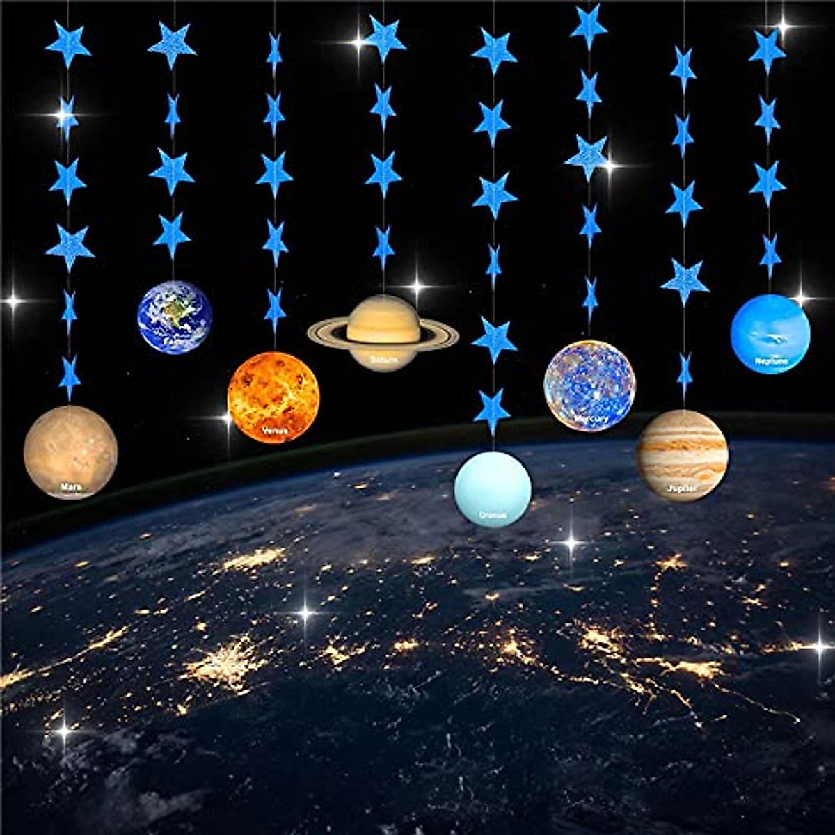 Galaxy Solar System Hanging Paper Decoration (8 Strings X 4.3ft), Outer Space Paper Garland Flower Party Streamers, Plant with Blue Star Hanging for Kids Bedroom Decor，Birthday PartySupplies
