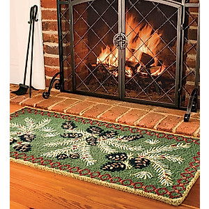 Plow & Hearth 2'x4' Hooked Pine Cone Fireproof Hearth Rug |100% Wool Fireplace Mat | Protect Home Décor Hardwood Floor and Carpet from Sparks and Embers Wood Stove