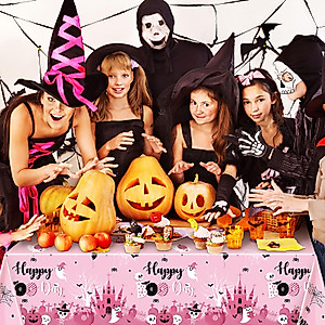 WovWeave 3 Pcs Halloween Tablecloth Happy Boo Day Tablecover Bulk Girl Boo Baby Shower Halloween Tablecloth Plastic Pink Halloween Decorations for Girl Halloween Birthday Party Supplies 108x54 Inch
