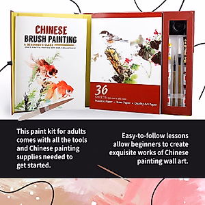 SpiceBox Masterclass Chinese Brush Painting Kit for Adults, DIY Learn to Paint Arts and Crafts Hobby Set, Includes Watercolor Paints, Book, Paintbrushes, Ink Stone, Ink Stick, Sketch Pad
