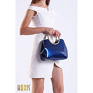 HOXIS Charm Glossy Metal Grip Structured Shoulder Handbag Top Handle Patent Leather Handbags for Women (Navy)