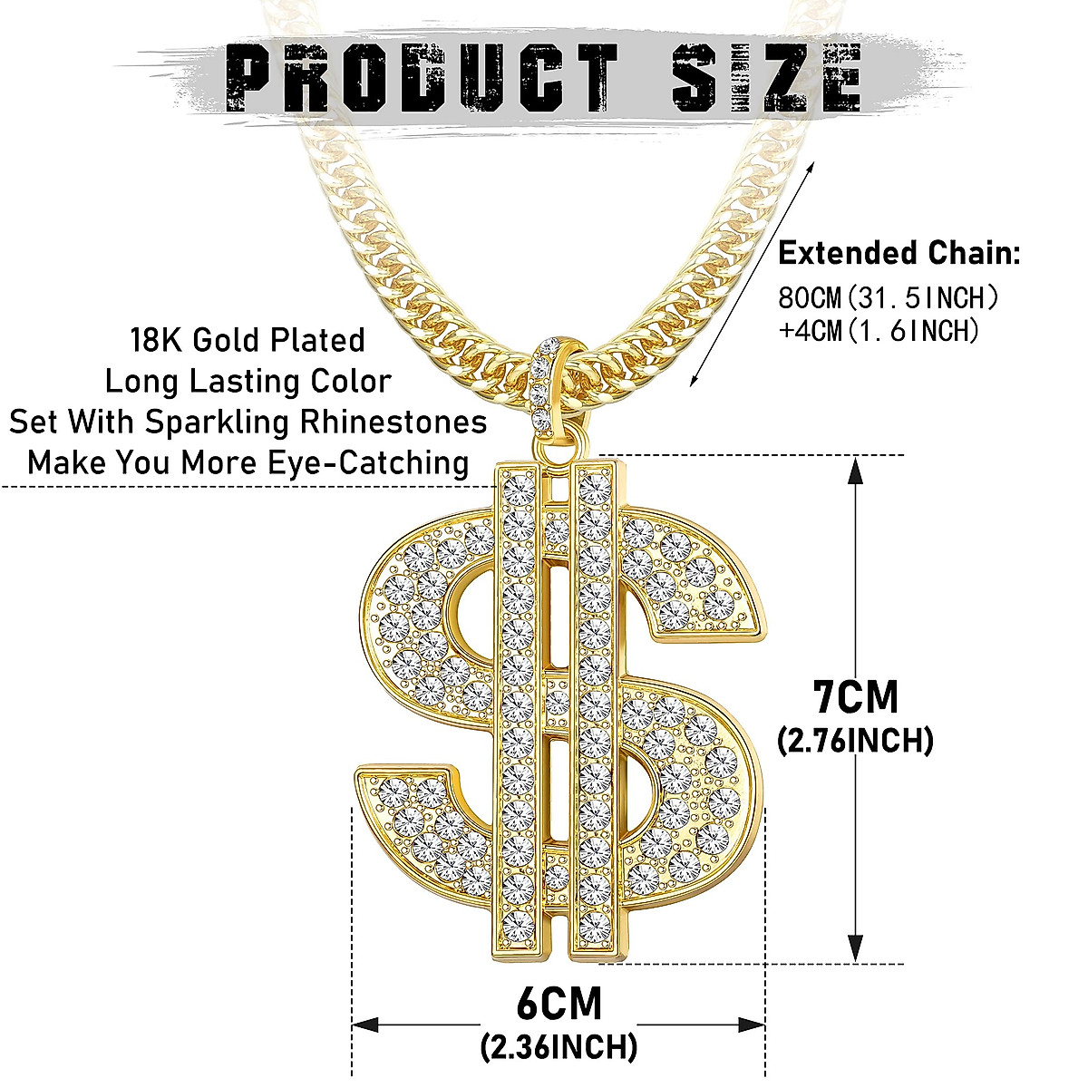 FIBO STEEL Hip Hop 18K Gold Plated Pendant Chain Necklaces and Rings Set for Men Women Rapper Costume Money Dollar Sign Necklace 80s 90s Party Jewelry