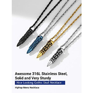 PROSTEEL Stainless Steel Skull Bullet Charm Necklace Skeleton Pendant Halloween Jewelry Retro Vintage Statement Necklace