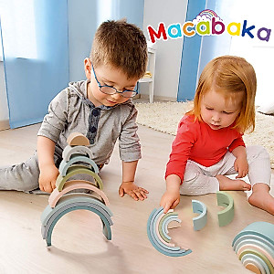 Macabaka Silicone Rainbow Stacker Nesting Puzzle Building Blocks Stacking Toys, Boho Baby Toys, 10 Pcs Educational Toys Learning Montessori Toys for Toddlers Kids, BPA-Free, Rainbow Series