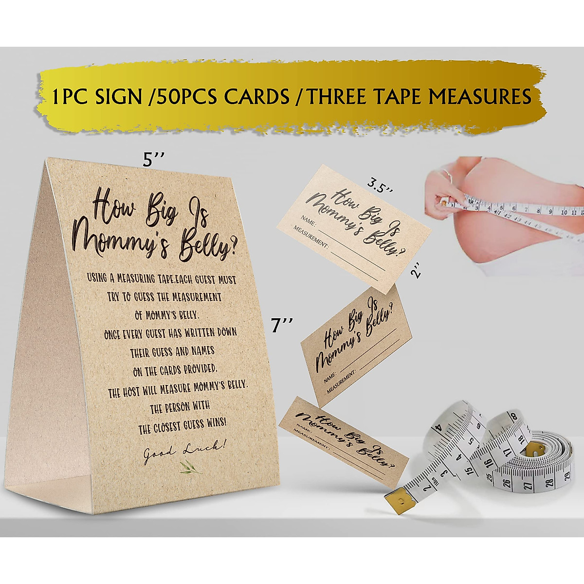 Kraft Paper How Big is Mommy's Belly Sign,Guess Mommy's Belly Size Game Kit (1 Standing Sign + 50 Guessing Cards + 3 measuring tapes), Baby Showers Decorations-NPZHB03