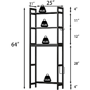 Bonzy Home Over The Toilet Storage Bamboo 3 Tier Bathroom Organizer Space Saver Bathroom Shelf Freestanding Toilet Stands with Hooks, Black