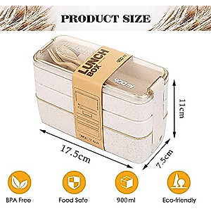 Bento Box for Adults, 3-In-1 Meal Prep Container, 900ML Japanese Lunch Box with Compartment, Wheat Straw, Leak-proof, Spoon & Fork, BPA-free (Beige)