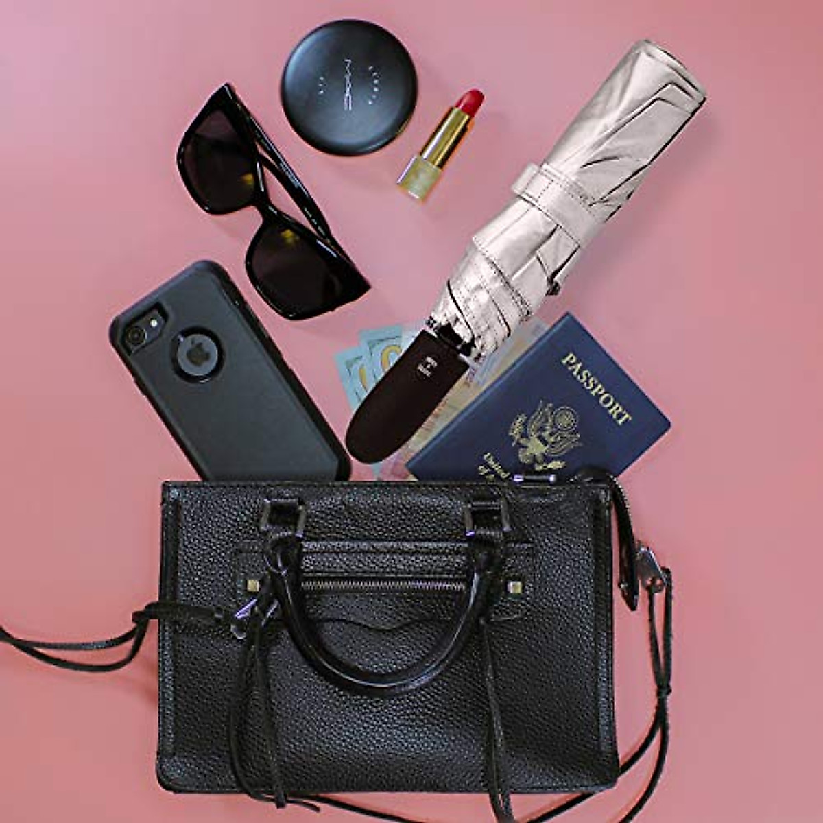 sungrubbies UV Travel Sun Umbrella Lightweight UPF 50 Auto Open Close, Compact Silver Vent Wind Resistant Travel Friendly