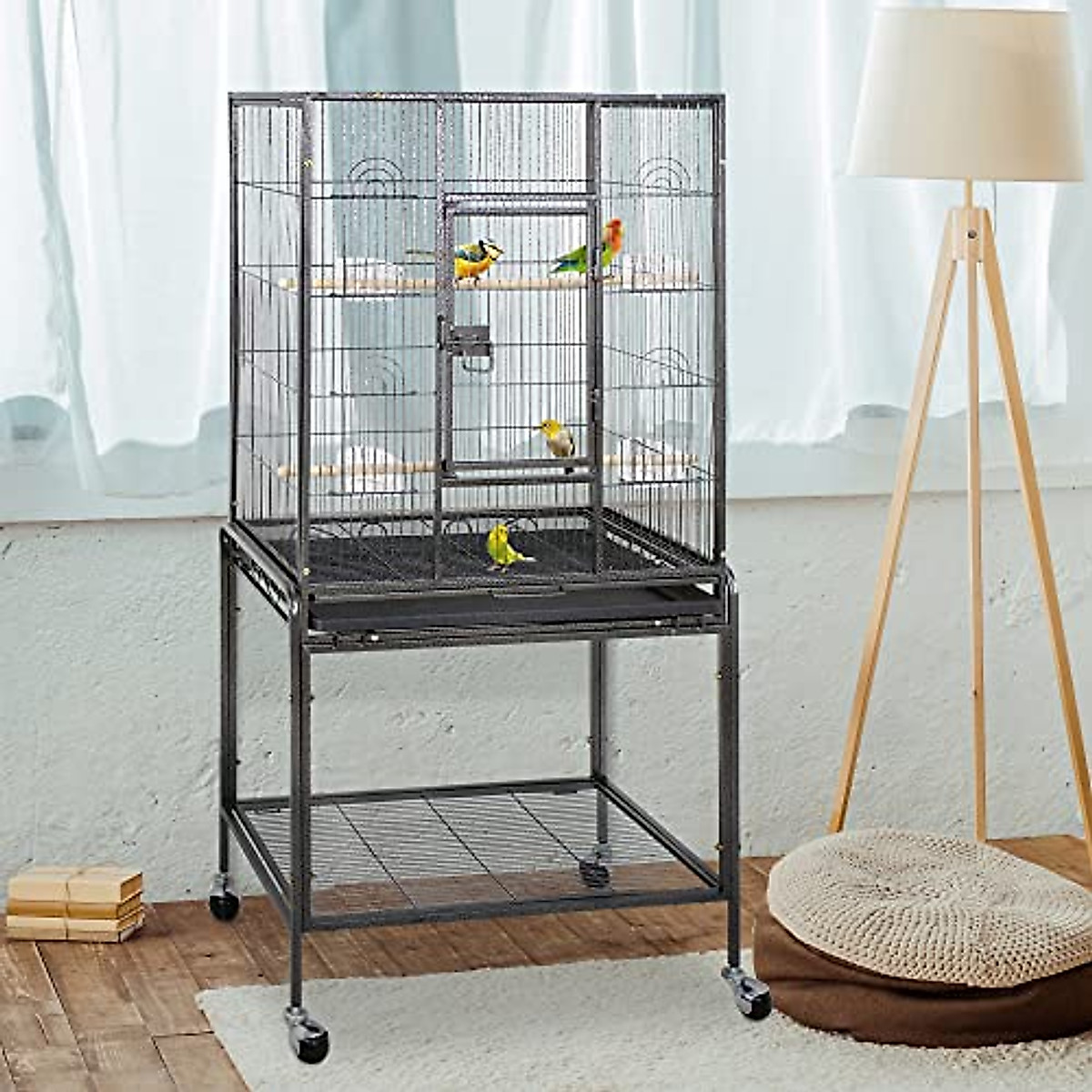 Epetlover 53 Inch Height Wrought Iron Standing Parrot Large Flight Bird Cage with Rolling Stand Birdcages for Parakeet Cockatiel Conure Lovebird Finch Black