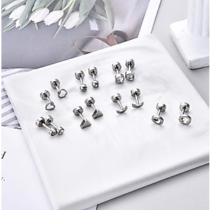 Vegolita 18Pairs 20G 18G Stainless Steel Tiny Stud Earrings for Women Cartilage Helix Earrings Ball Star CZ Earrings