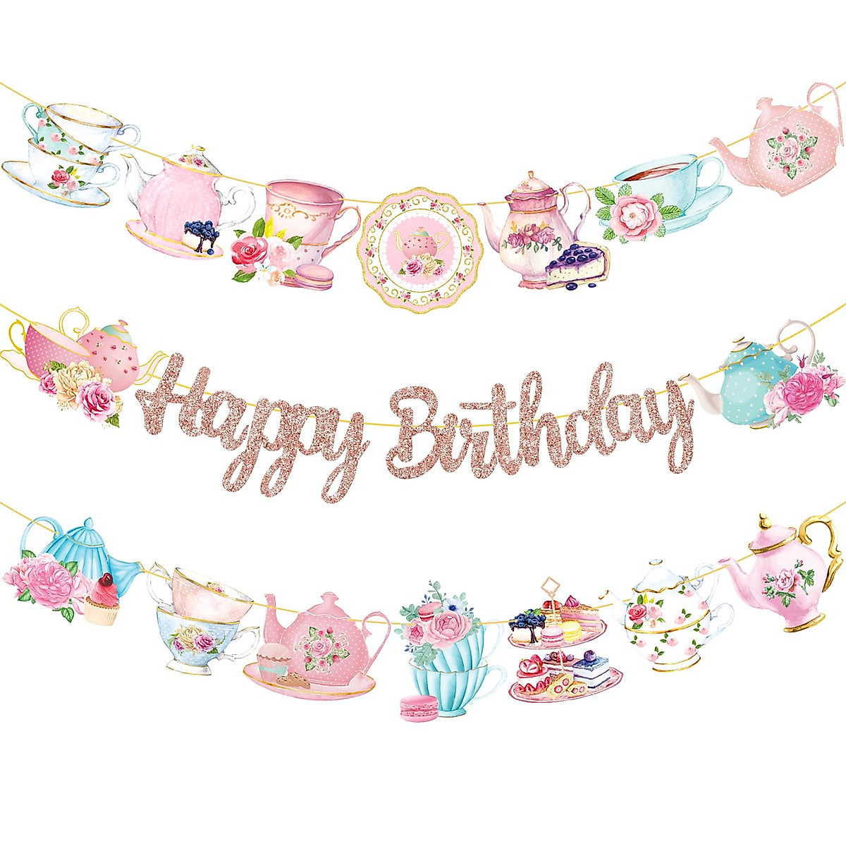 Tea Party Birthday Banner Rose Gold Tea Themed Happy Birthday Banners Floral Tea Birthday Party Decoration Teapot Cutout Banner for Afternoon Tea Baby Shower Supplies