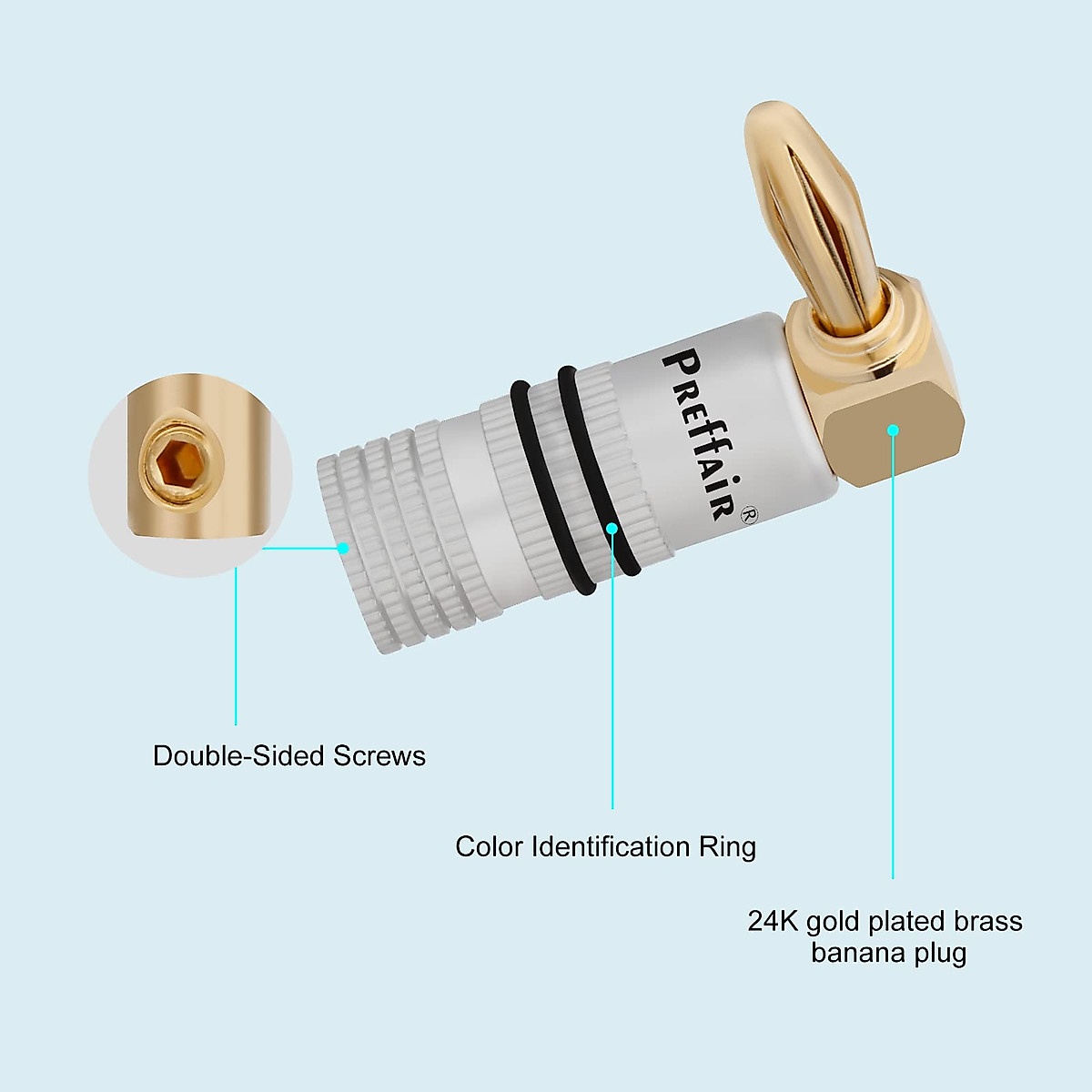 Preffair 12 PCS/6 Pairs 4mm Right Angle/90 Degree Speaker Banana Plugs Dual Screw Locking Speaker Connectors Gold Plated Audio Jack Connectors for Speaker Wire Cable Terminals