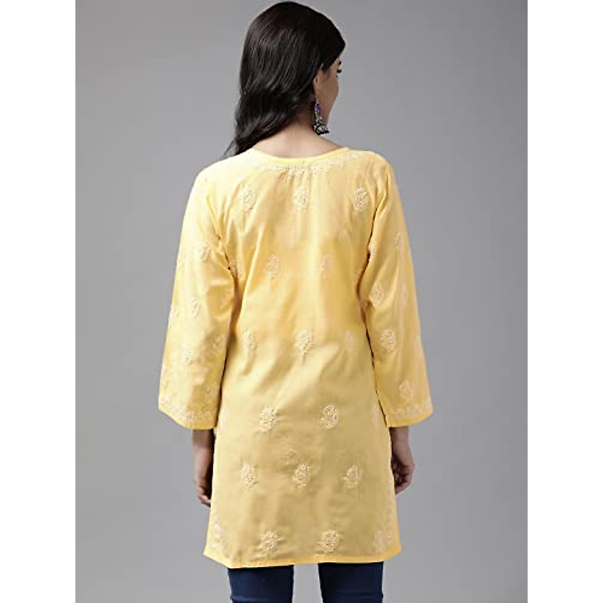Ada Indian Hand Embroidered Chikankari Women's Cotton Top Tunic Shirt Blouse A911127 (XS, Yellow)