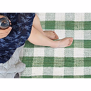 GLAMBURG Cotton Reversible Area Rug 3' x 5' Farmhouse Floor Mat, Handwoven Washable Carpet Checkered Plaid Rug for Front Porch Living Room Kitchen Bedroom - Green White