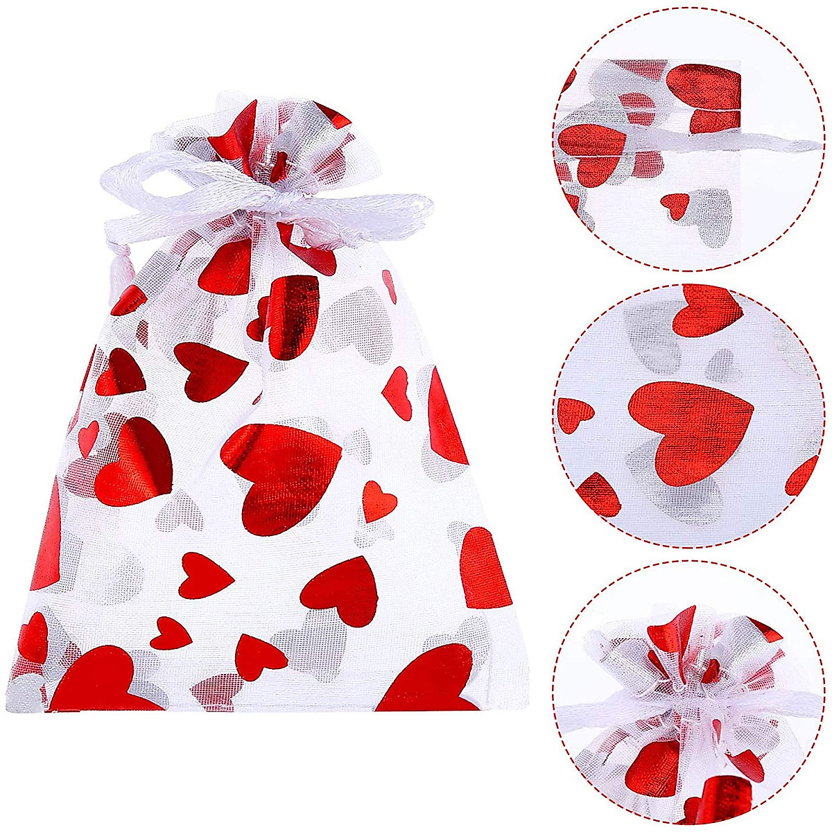 SIROGOGO 50 Pieces Heart Candy Bags Organza Jewelry Pouches, Pouch Drawstring Bags for Jewelry Packaging Valentine's Day Wedding Festival Party Supply, 10 x 8 cm