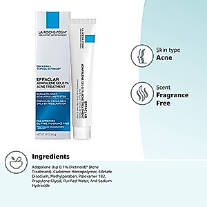 La Roche-Posay Effaclar Adapalene Gel 0.1% Acne Treatment, Prescription-Strength Topical Retinoid Cream For Face, Helps Clear and Prevent Acne and Clogged Pores
