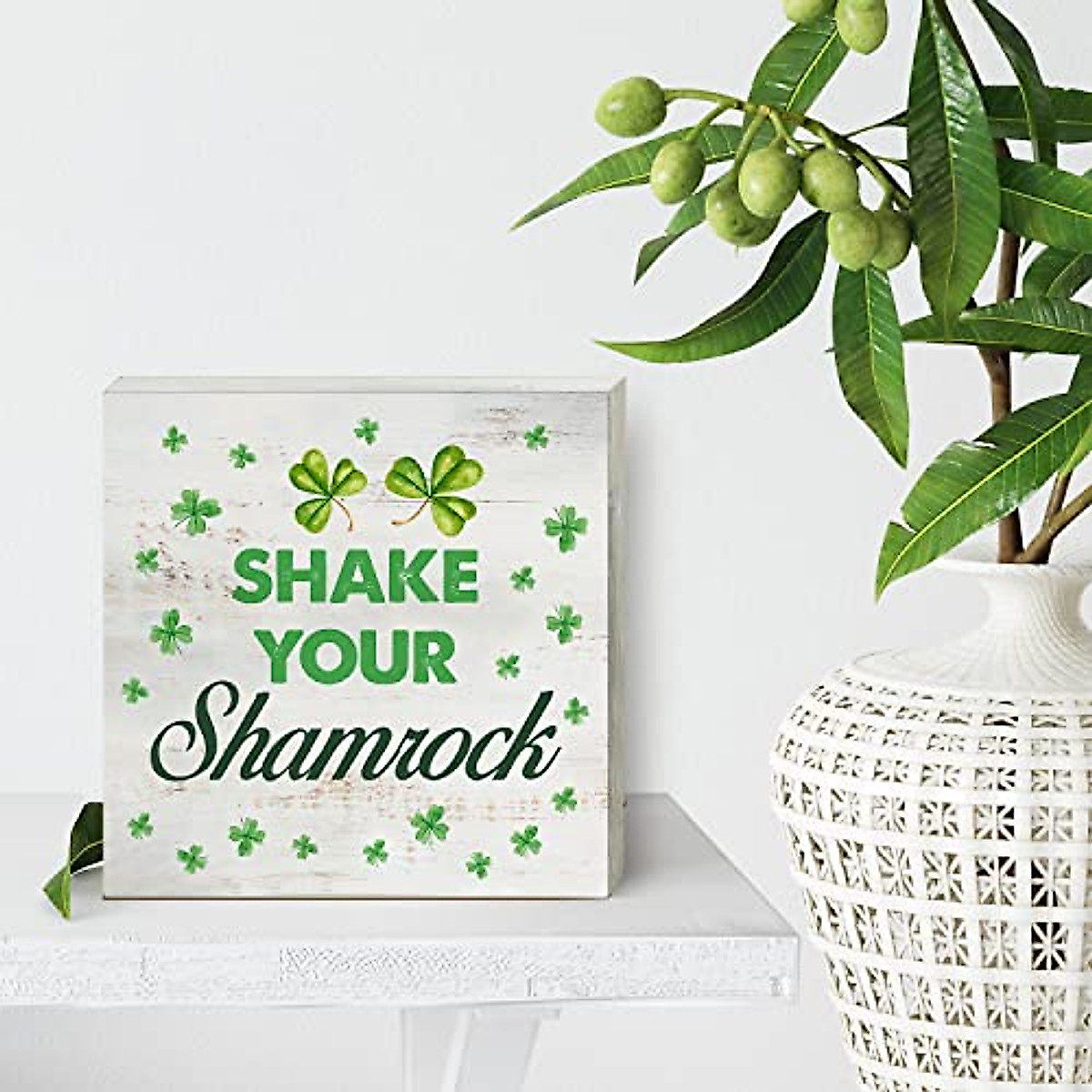 Shake Your Shamrock Wood Box Sign Home Decor Rustic St. Patrick's Day Quote Wooden Box Sign Block Plaque for Wall Tabletop Desk Home Office Decoration 5" x 5"