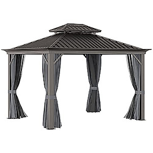 Outsunny 10' x 12' Hardtop Gazebo Canopy with Galvanized Steel Double Roof, Aluminum Frame, Permanent Pavilion Outdoor Gazebo with Netting and Curtains for Patio, Garden, Backyard, Deck, Lawn, Gray