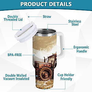 Kigai 40 oz Farmer Driving A Tractor Tumbler with Handle and Straw Lid, Insulated Cup Reusable Stainless Steel Water Bottle Travel Mug for Water, Iced Tea or Coffee