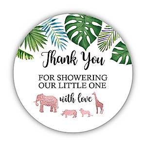 50 Jungle Rose Gold Baby Shower Stickers, Thank You for Showering Our Baby with Love Stickers, Baby Shower Favors for Boy or Girl, Baby Shower Favor Labels for Birthday Party, 2 Inches
