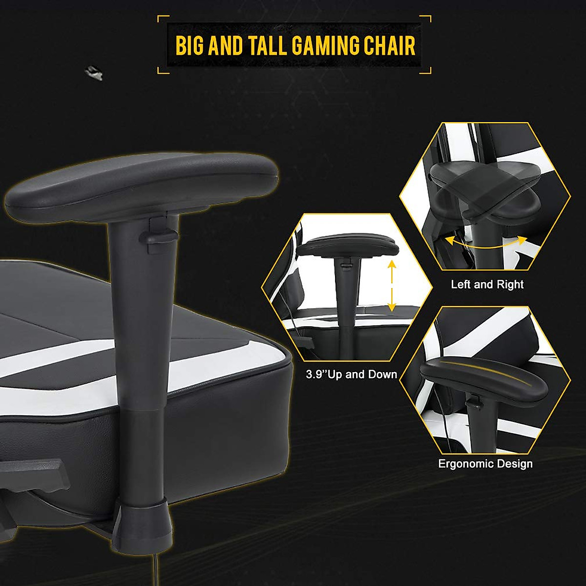 PC Gaming Chair Big and Tall Office Chair, 500LBS Wide Seat Desk Chair with Lumbar Support Headrest 2D Arms Task Swivel Ergonomic PU Adjustable Massage Bed, Adjustable Best Home Office Chair - Black